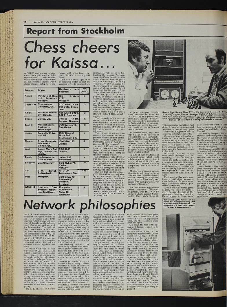 August 22, 1974: Chess Cheers for Kaissa - CW@50: News in August